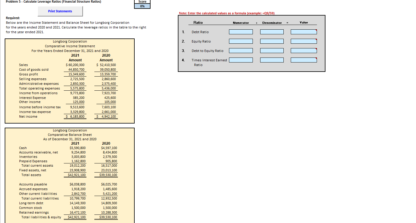 Solved Problem 5 - Calculate Leverage Ratios (Financial | Chegg.com