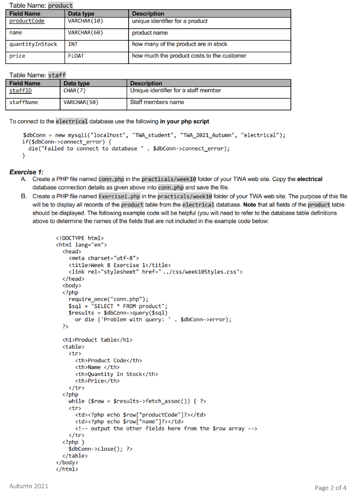 | "electrical"); UT WNP $ db Conn = new mysqli | Chegg.com