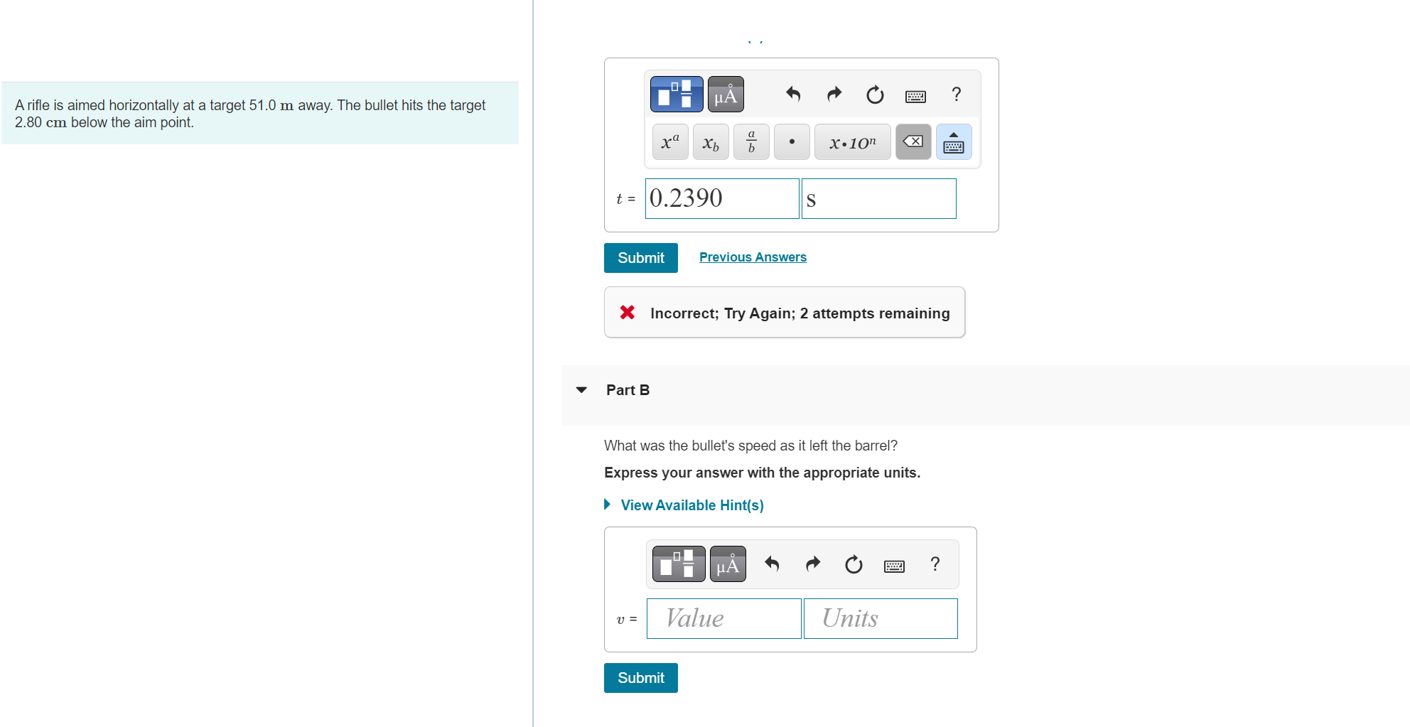 Solved A rifle is aimed horizontally at a target 51.0 m | Chegg.com