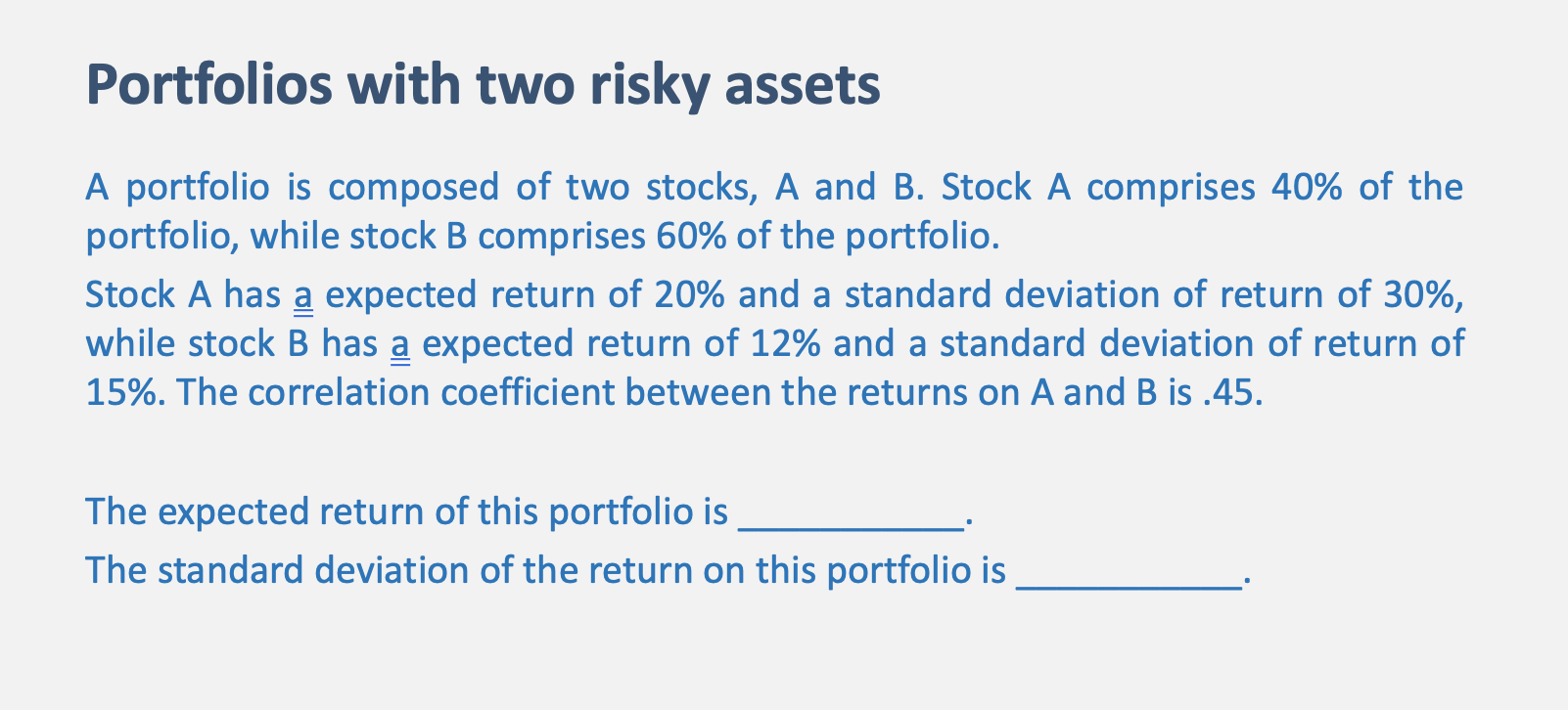 Solved Portfolios with two risky assets A portfolio is | Chegg.com