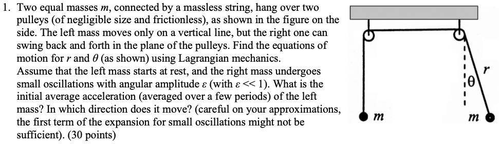 Solved 1. Two equal masses m, connected by a massless | Chegg.com