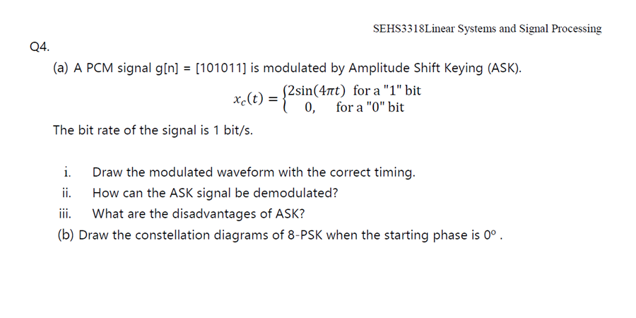 Solved (a) A PCM signal g[n]=[101011] is modulated by | Chegg.com
