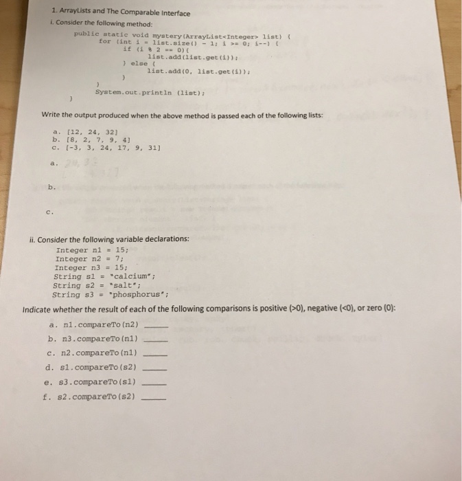 Solved 1. Arraylists and The Comparable Interface i. | Chegg.com