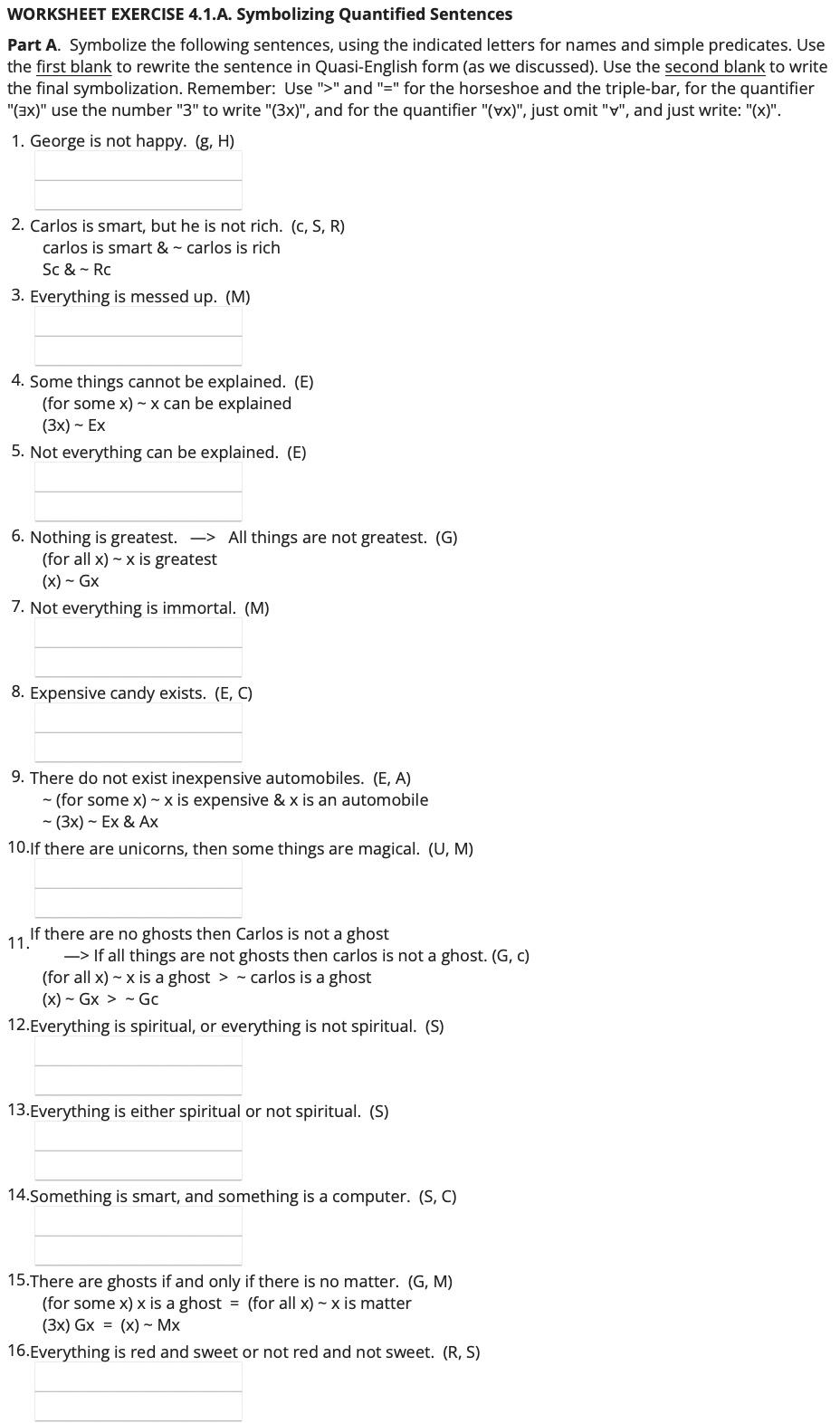 WORKSHEET EXERCISE 4.1.A. Symbolizing Quantified | Chegg.com