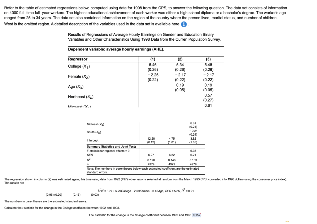 Solved Refer to the table of estimated regressions below, | Chegg.com