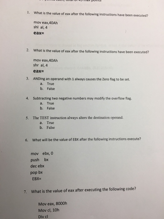 Solved 1. What is the value of eax after the following | Chegg.com