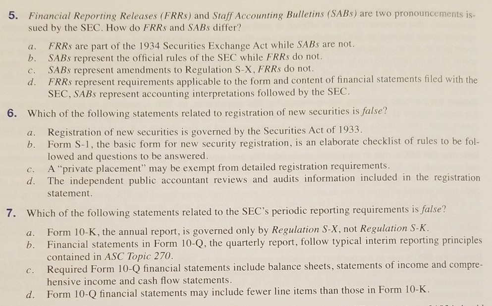 Solved 5. Financial Reporting Releases (FRRs) and Staff | Chegg.com