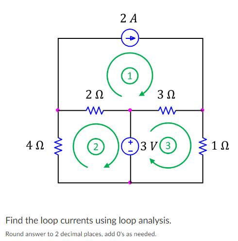 Solved Find the loop currents using loop analysis. Round | Chegg.com