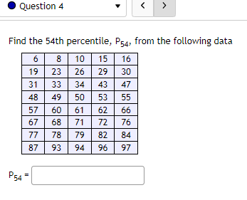 Solved Question 4 > Find the 54th percentile, P54, from the | Chegg.com
