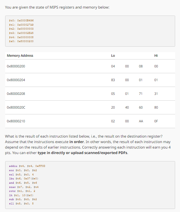 Solved You are given the state of MIPS registers and memory | Chegg.com
