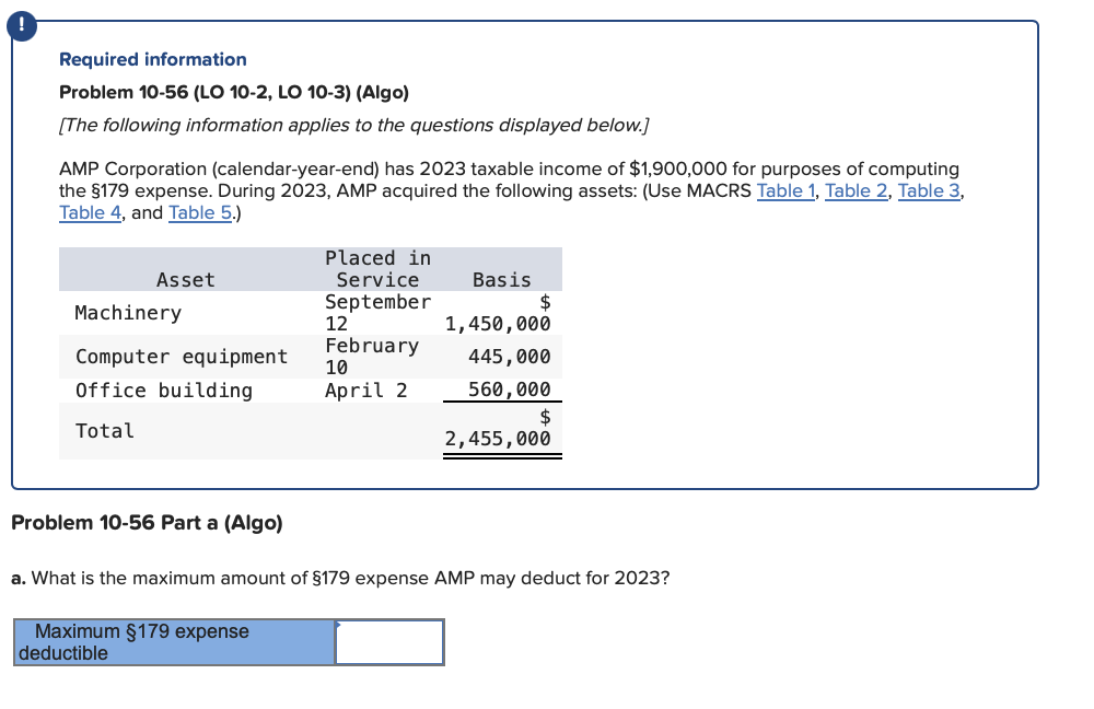 Solved Required information Problem 10-56 (LO 10-2, LO 10-3) | Chegg.com