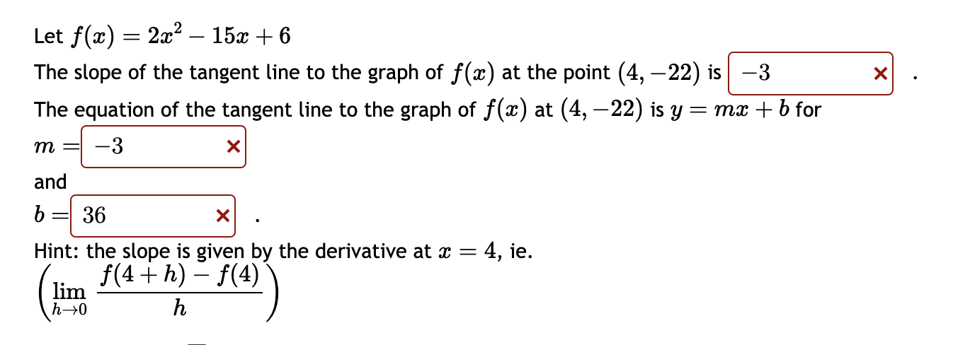 Solved Let f(x)=2x2−15x+6 The slope of the tangent line to | Chegg.com