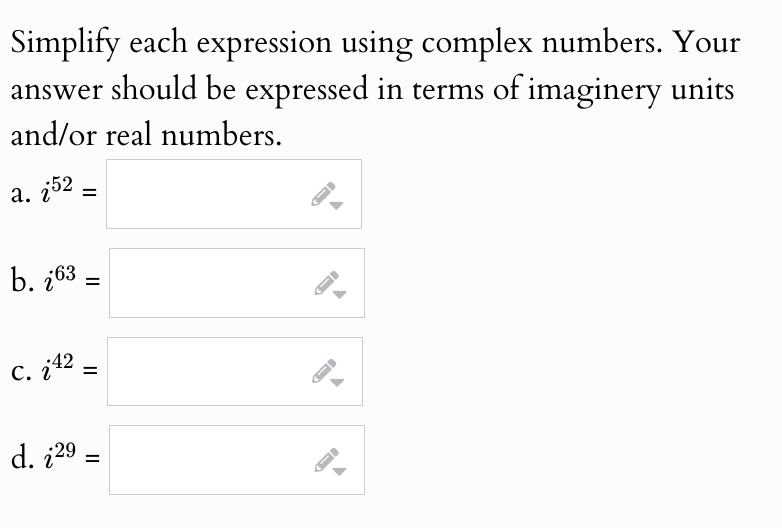 Solved Simplify each expression using complex numbers. | Chegg.com