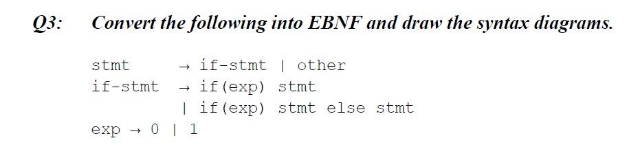 Solved Q3: Convert the following into EBNF and draw the | Chegg.com