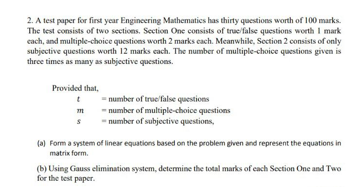 Solved 2. A test paper for first year Engineering | Chegg.com