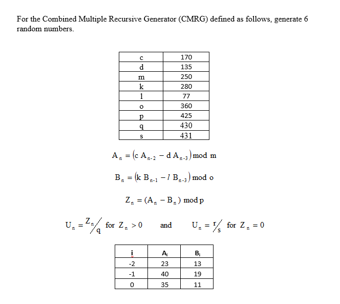 Solved For the Combined Multiple Recursive Generator (CMRG) | Chegg.com