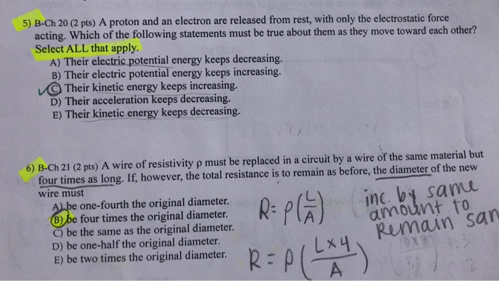 Solved 5) B-Ch 20 (2 pts) A proton and an electron are | Chegg.com
