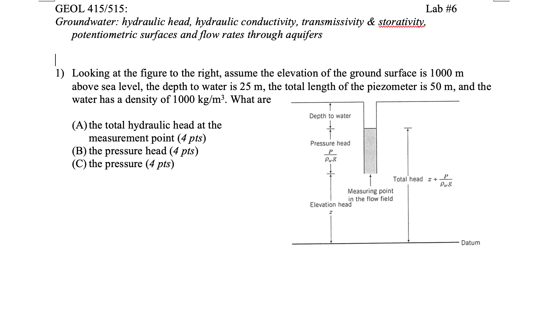 Solved Geol 415 515 Lab 6 Groundwater Hydraulic Head