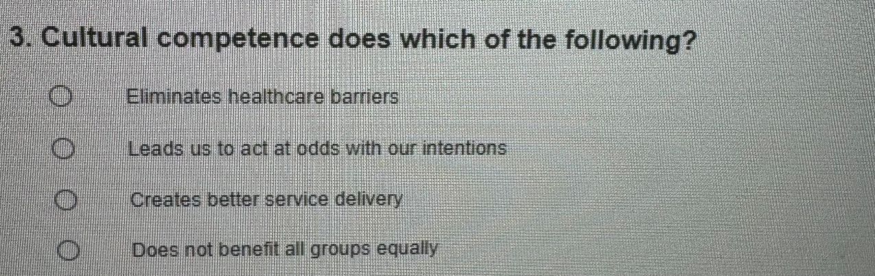 Solved Cultural competence does which of the | Chegg.com