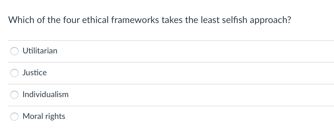Solved Which of the four ethical frameworks takes the least | Chegg.com