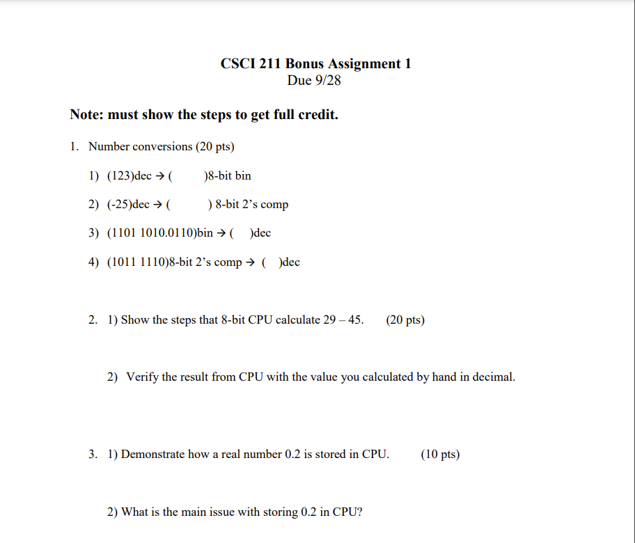 Solved CSCI 211 Bonus Assignment 1 Due 9/28 Note: must show | Chegg.com