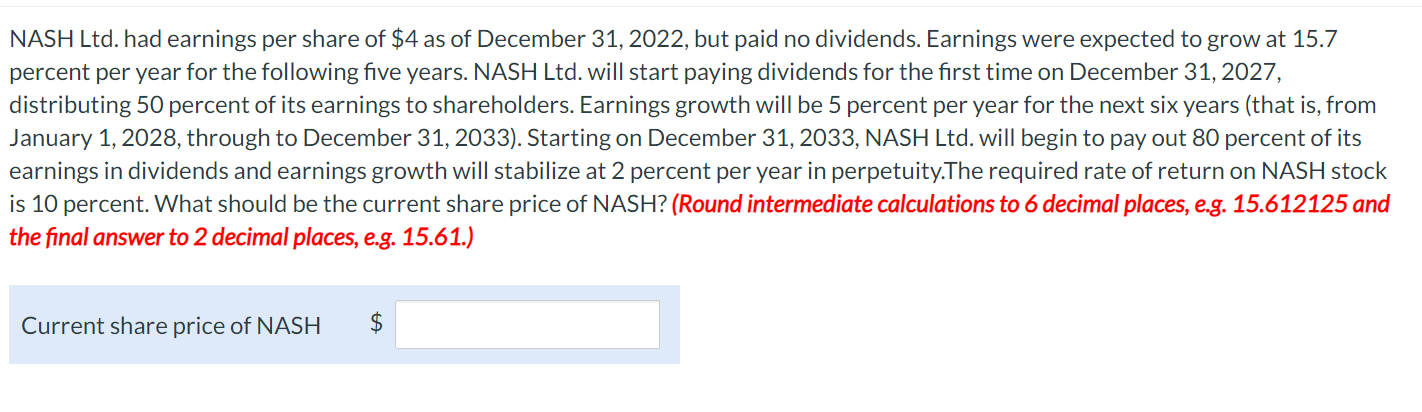 Solved NASH Ltd. had earnings per share of $4 as of December | Chegg.com