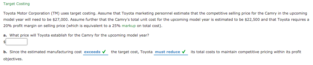 Solved Target Costing Toyota Motor Corporation (TM) uses | Chegg.com