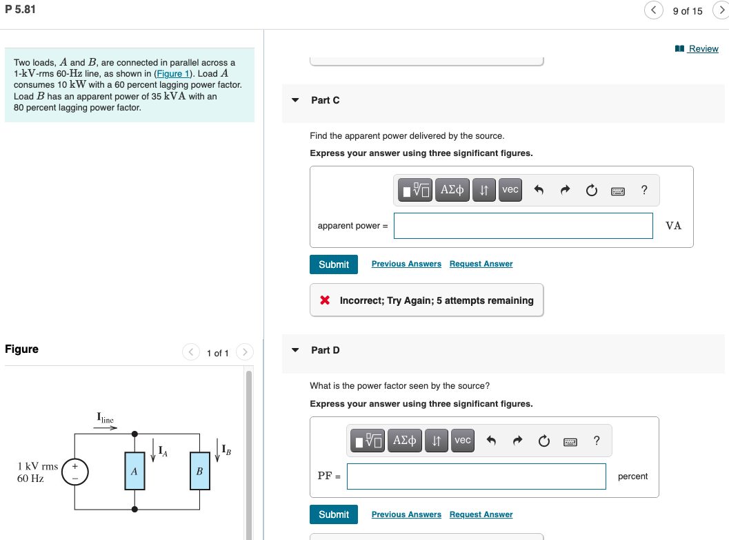 Solved P 5.81 9 of 15 > Review Two loads, A and B, are | Chegg.com
