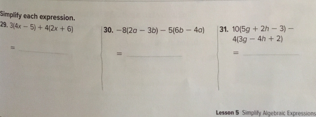 Solved Simplify each expression. 29. 3(4x-5) +4(2x + 6) | Chegg.com