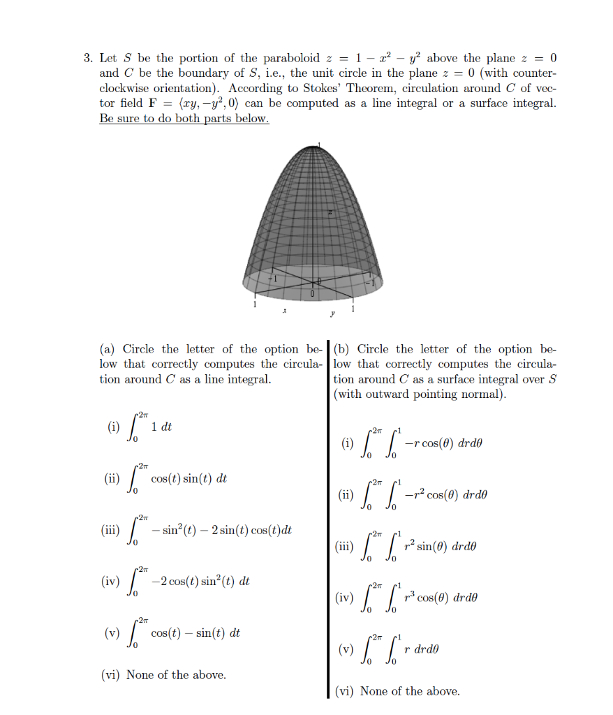 Solved 3. Let S be the portion of the paraboloid 2 = 1 - x2 | Chegg.com