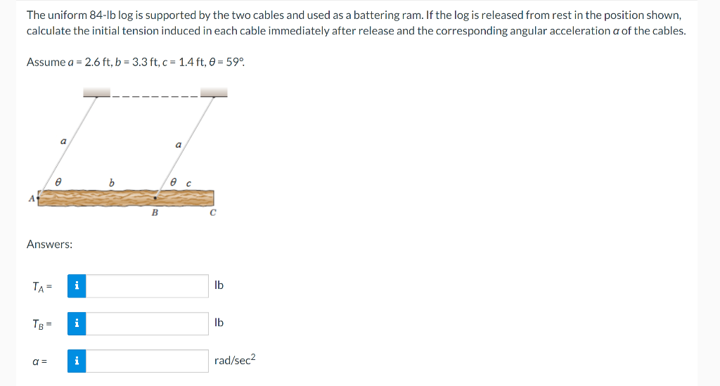 Solved The uniform 84-Ib log is supported by the two cables | Chegg.com