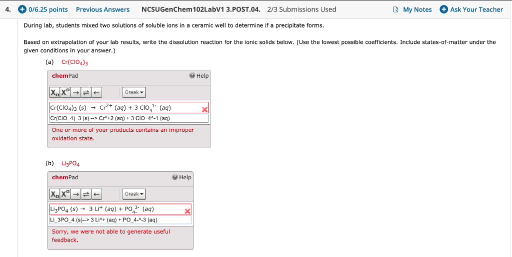 4. + 0/6.25 points Previous Answers NCSUGenChem | Chegg.com