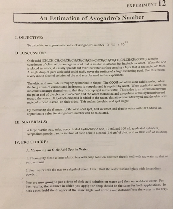 Solved EXPERIMENT 1 2 An Estimation of Avogadro's Number I. | Chegg.com
