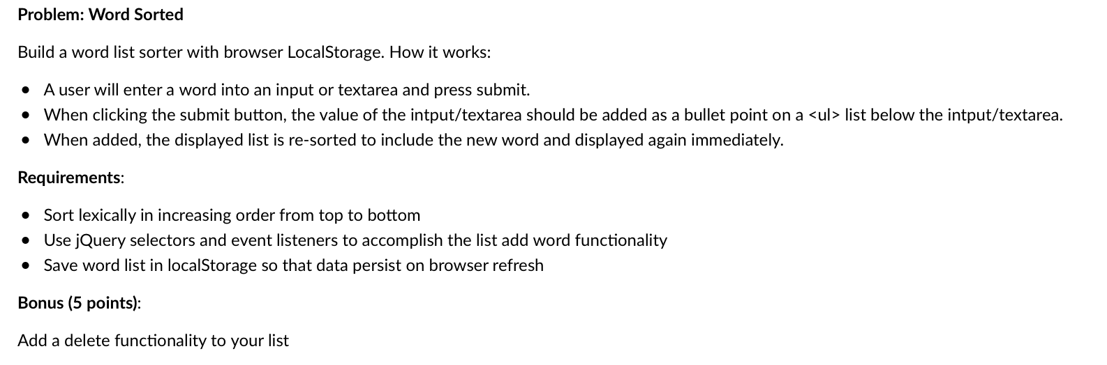 Solved Problem: Word Sorted Build a word list sorter with | Chegg.com