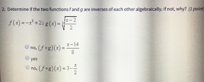 Solved 2. Determine if the two functions fand g are inverses | Chegg.com