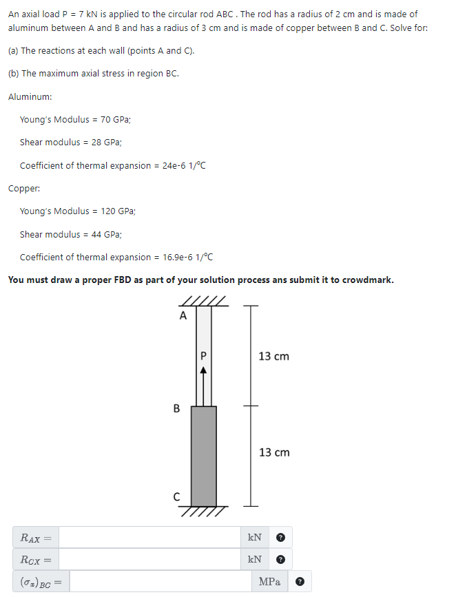Solved An axial load P=7kN is applied to the circular rod | Chegg.com