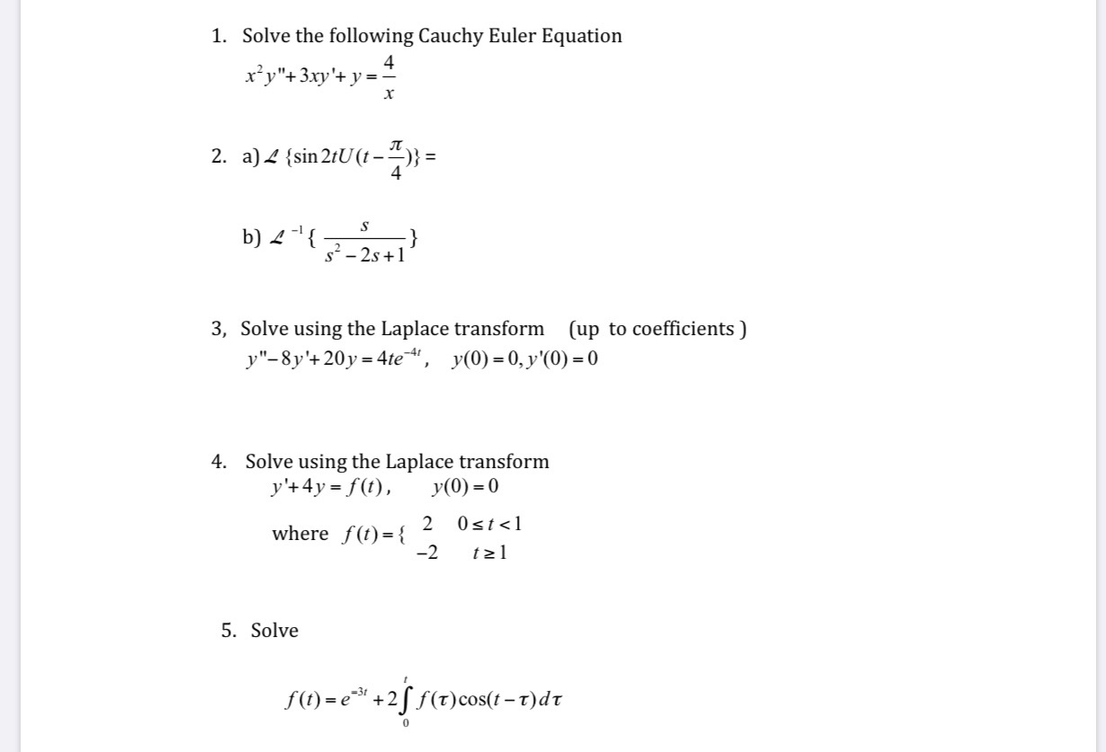 Solved 1. Solve the following Cauchy Euler Equation ry"+ | Chegg.com