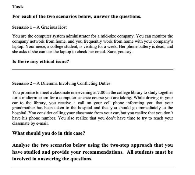 Solved Task For each of the two scenarios below, answer the | Chegg.com