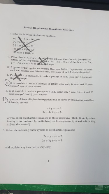 Solved 9) Solve the following linear system of diophantine | Chegg.com