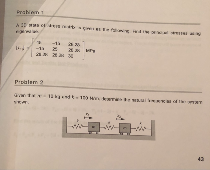 Solved Problem 1 A 3D state of stress matrix is given as the | Chegg.com
