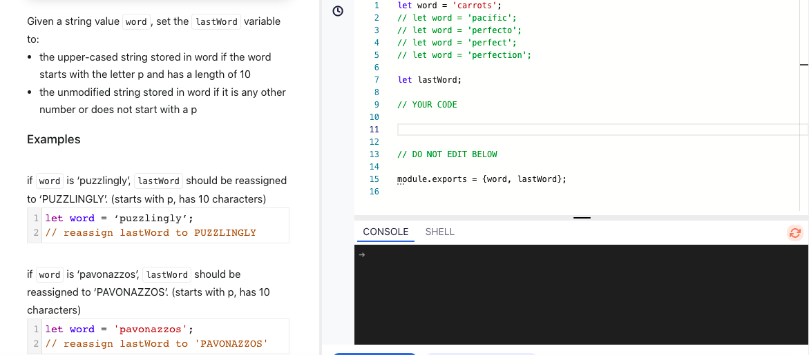 Solved Given a string value word, set the lastWord variable | Chegg.com