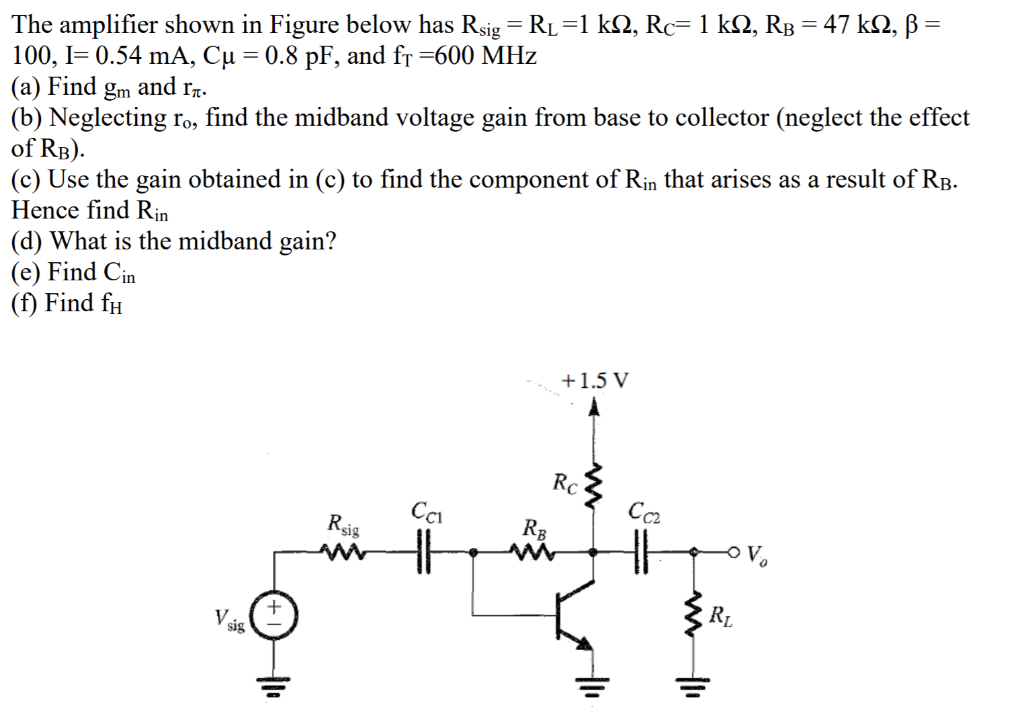 Solved The amplifier shown in Figure below has Rsig = R1 =1 | Chegg.com