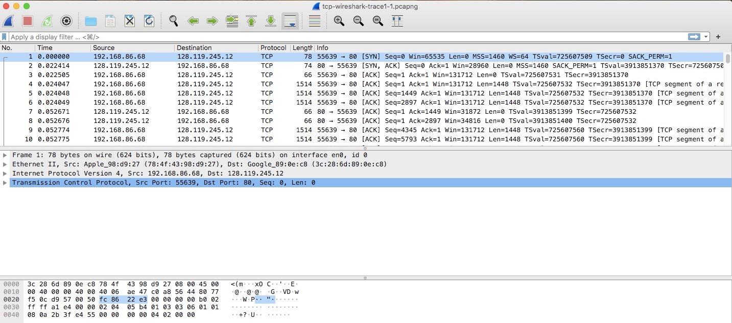 Solved 3 + - = tcp-wireshark-trace 1-1.pcapng I Apply a | Chegg.com
