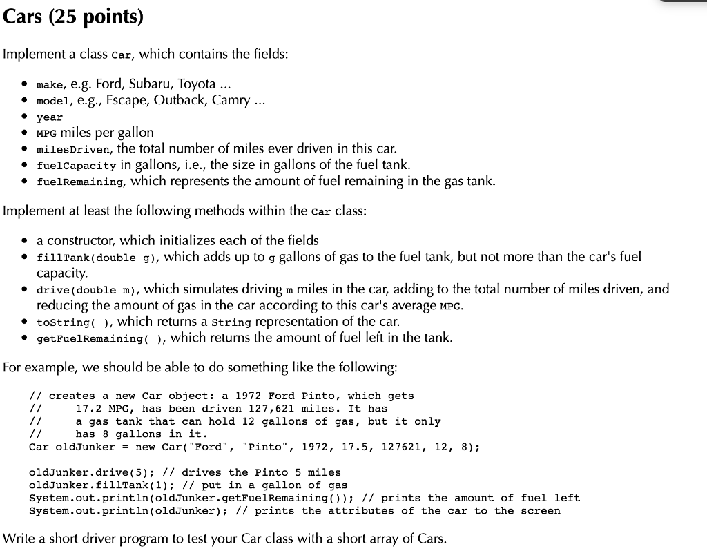 Solved Cars (25 points) Implement a class car, which | Chegg.com