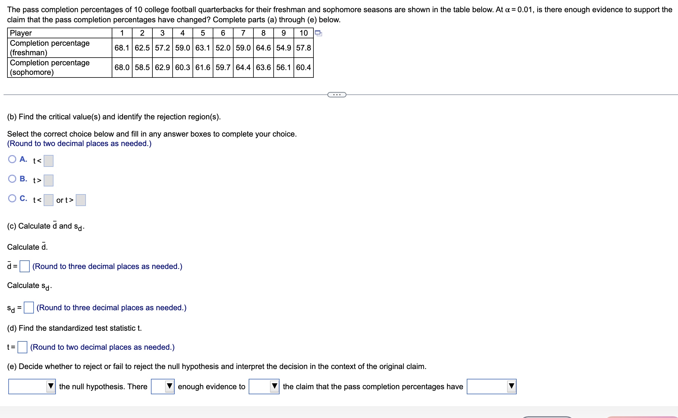 Solved The pass completion percentages of 10 college | Chegg.com