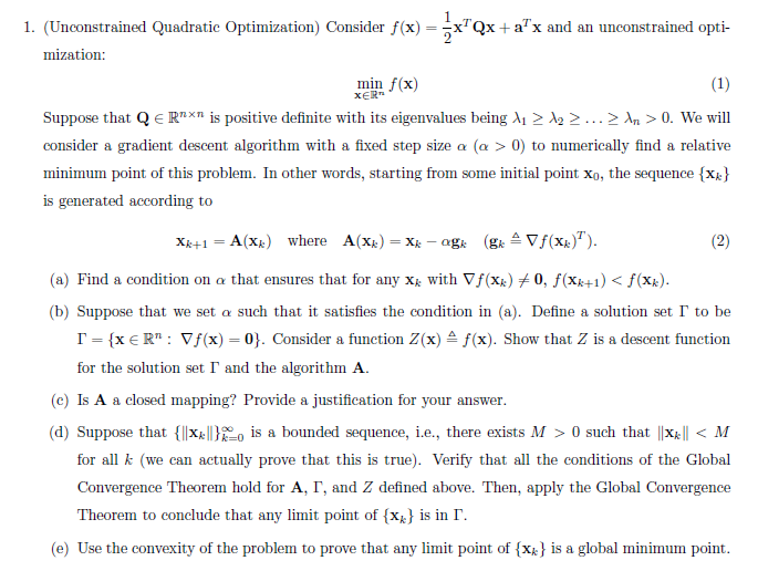 1. (Unconstrained Quadratic Optimization) Consider | Chegg.com