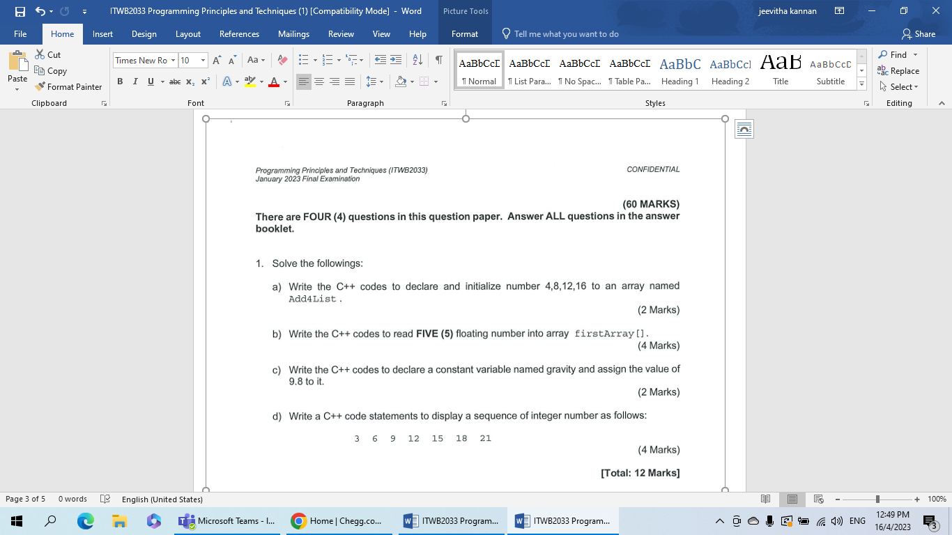 Solved Programming Principles and Techniques (ITWB2033) | Chegg.com