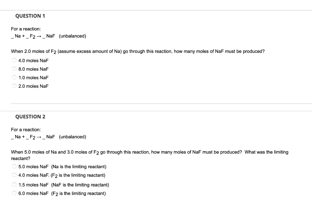 Solved QUESTION 1 For a reaction: Na +_F2 → _NaF | Chegg.com