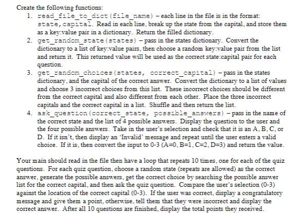 Solved Create the following functions: 1. read_file_to dict | Chegg.com