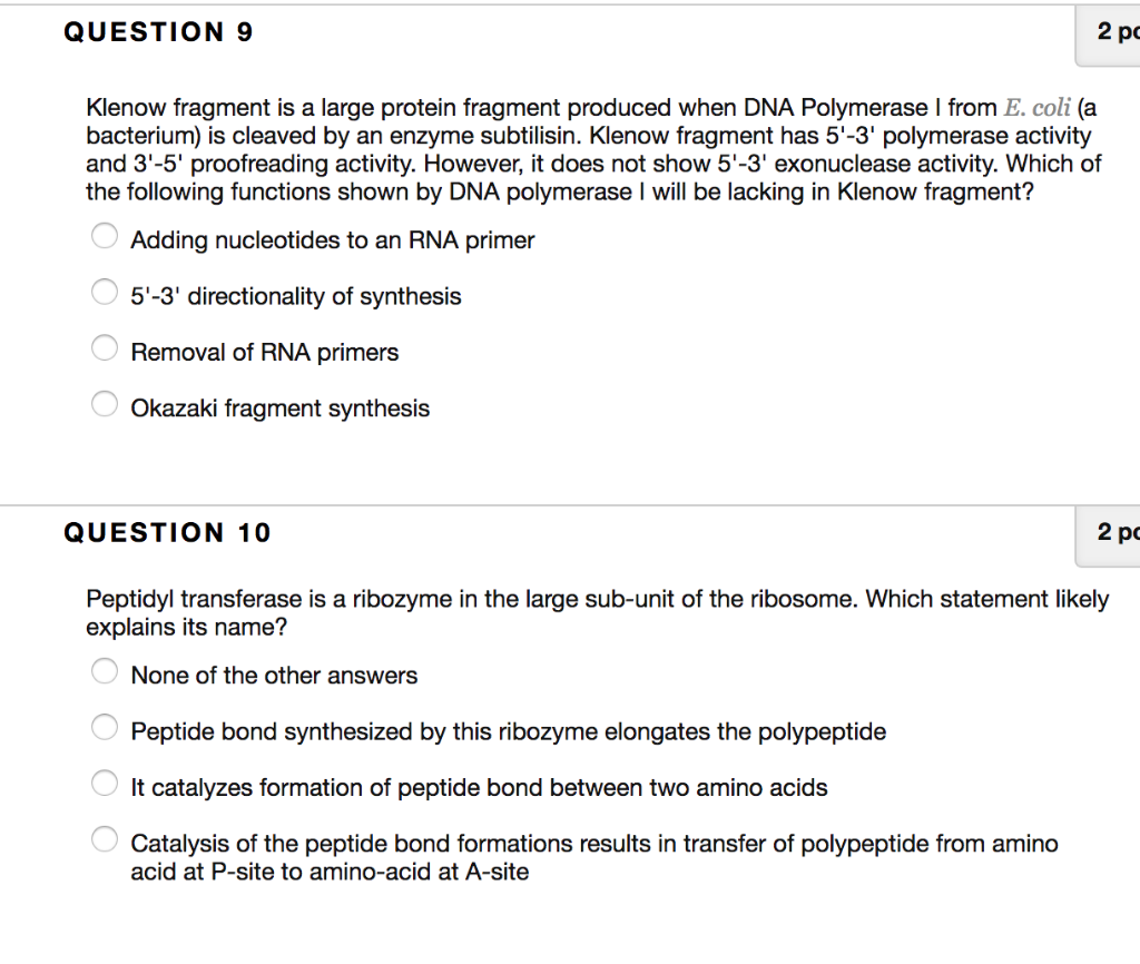 Solved QUESTION 9 2 pc Klenow fragment is a large protein | Chegg.com